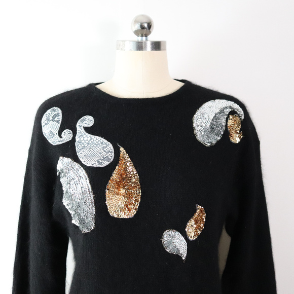 Vintage | Sweaters | Vintage 8s Sequin Silk Angora Long Sweater Black | Poshmark